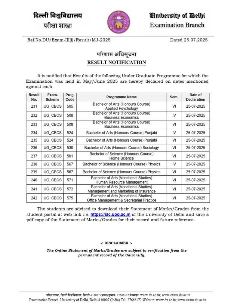 परी ा शाखा Examination Branch: University of Delhi | PDF ...