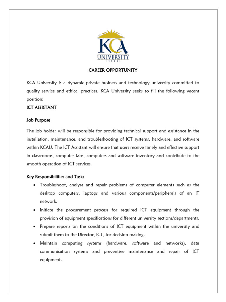 ICT Assistant Job Vacancy at KCA University | PDF | Information And ...