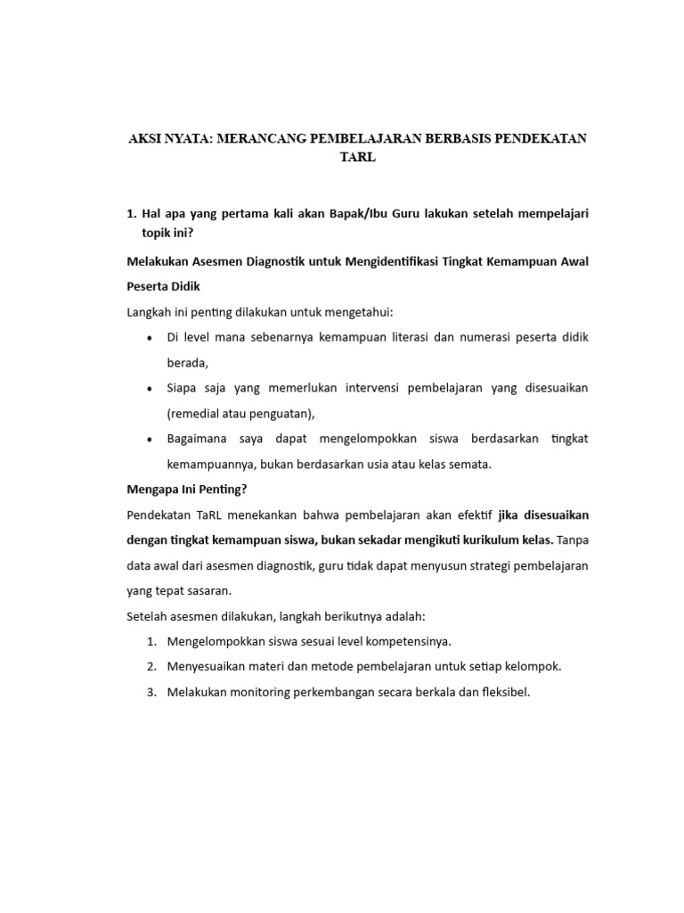 Rancangan Pembelajaran Pendekatan TaRL | PDF