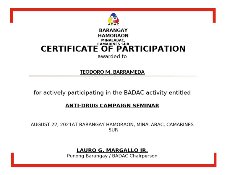 BADAC TEMPLATE Certificate of Participation | PDF