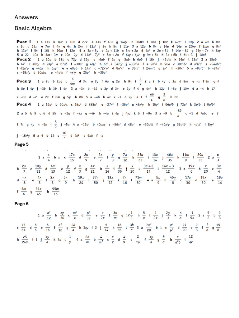 Algebra Booklet Answers | PDF