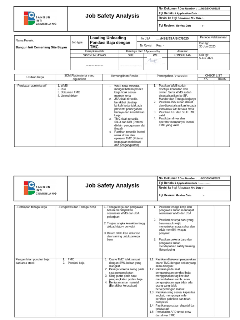 JSA Loading Unloading Pondasi Baja Dengan TMC | PDF