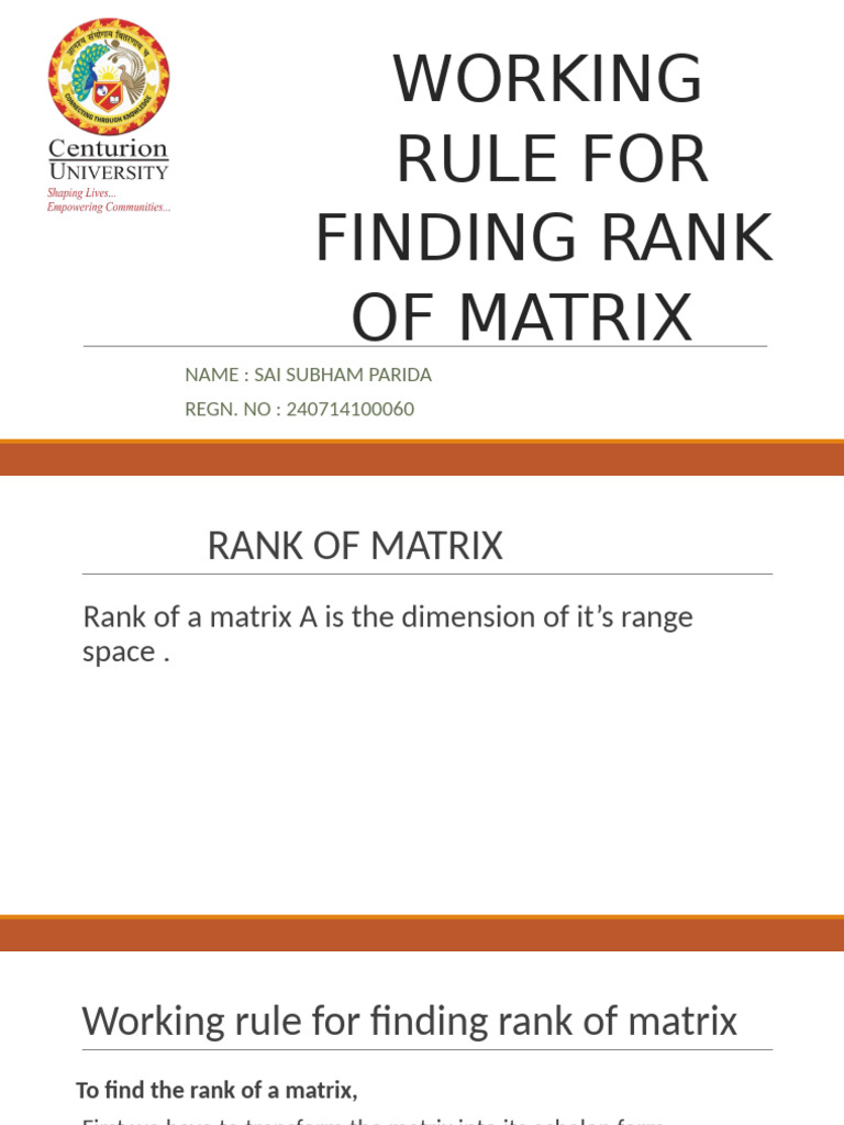 Working Rule For Finding Rank of Matrix (1) .PPTX MUKUL | PDF