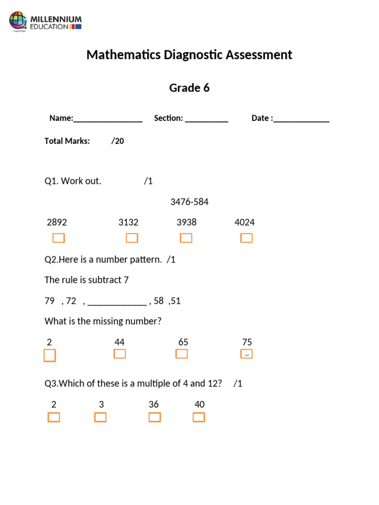 Diagnostic Assessment of Mathematics Grade 6 | PDF