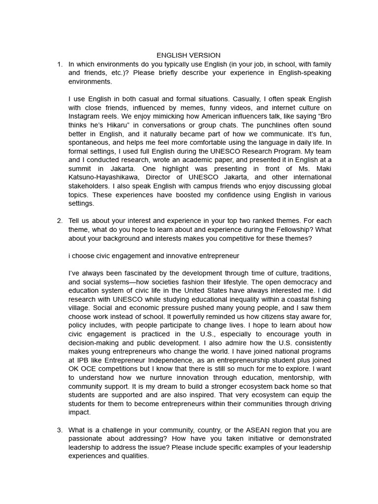 YSEALI Essay: Civic Engagement & Education | PDF | Entrepreneurship ...