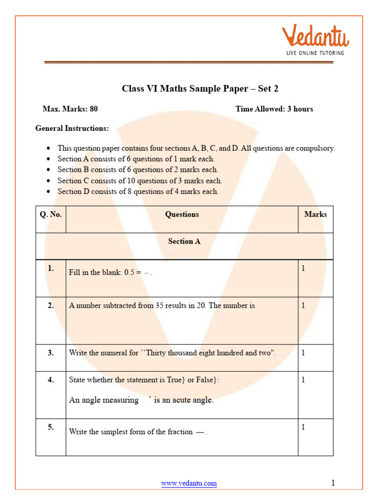 CBSE Class 6 Maths Sample Paper Set 2 (2024-25) - FREE PDF & Solutions ...