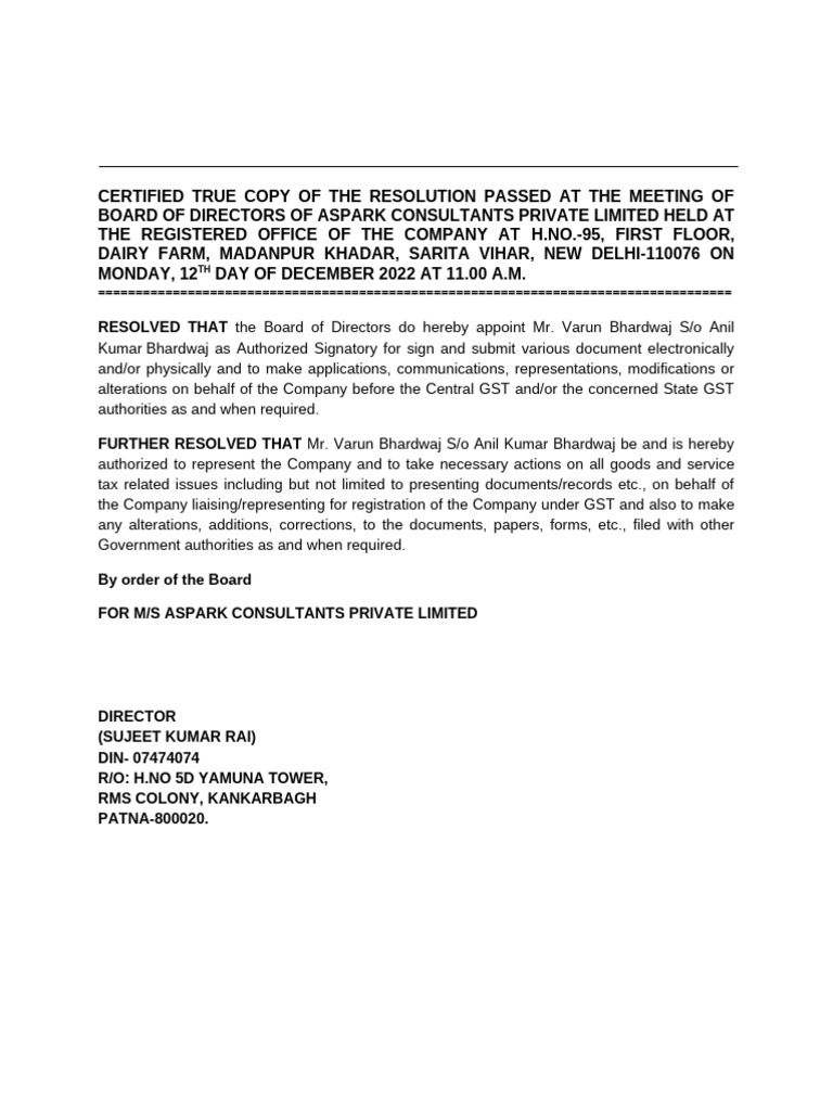 Authorised Signatory Resolution | PDF