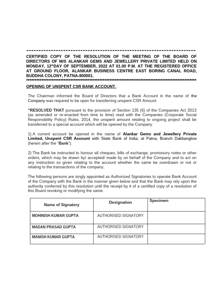 CSR Bank Account Opening Resolution | PDF | Government | Justice