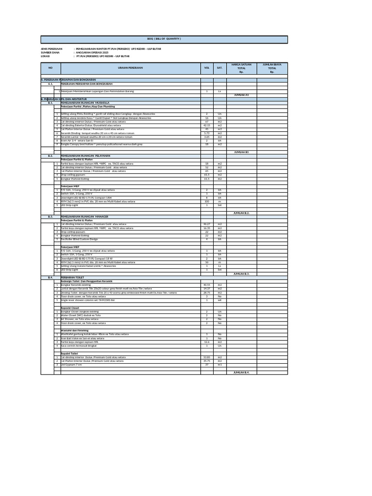 BOQ Lelang Pek. Pemeliharaan Kantor PT - PLN (Persero) UP3 Kediri - ULP ...