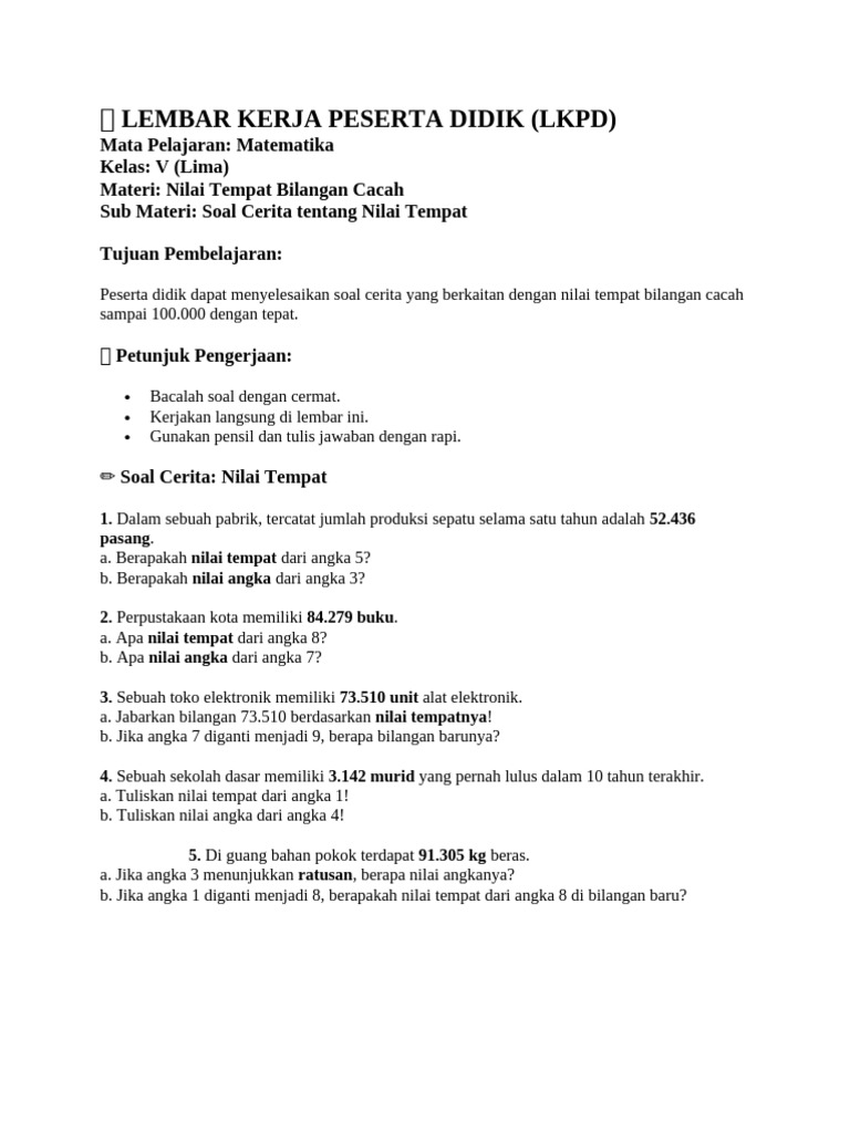 Soal Cerita Nilai Tempat Kelas V | PDF