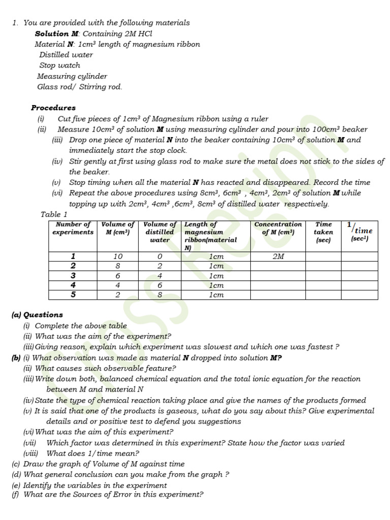 Magnesium and HCl Reaction Timing Experiment | PDF | Experiment | Magnesium