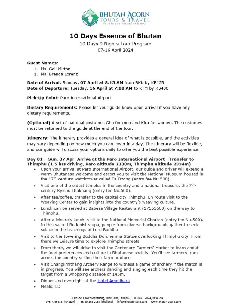 10-Day Bhutan Itinerary Overview | PDF | Bhutan