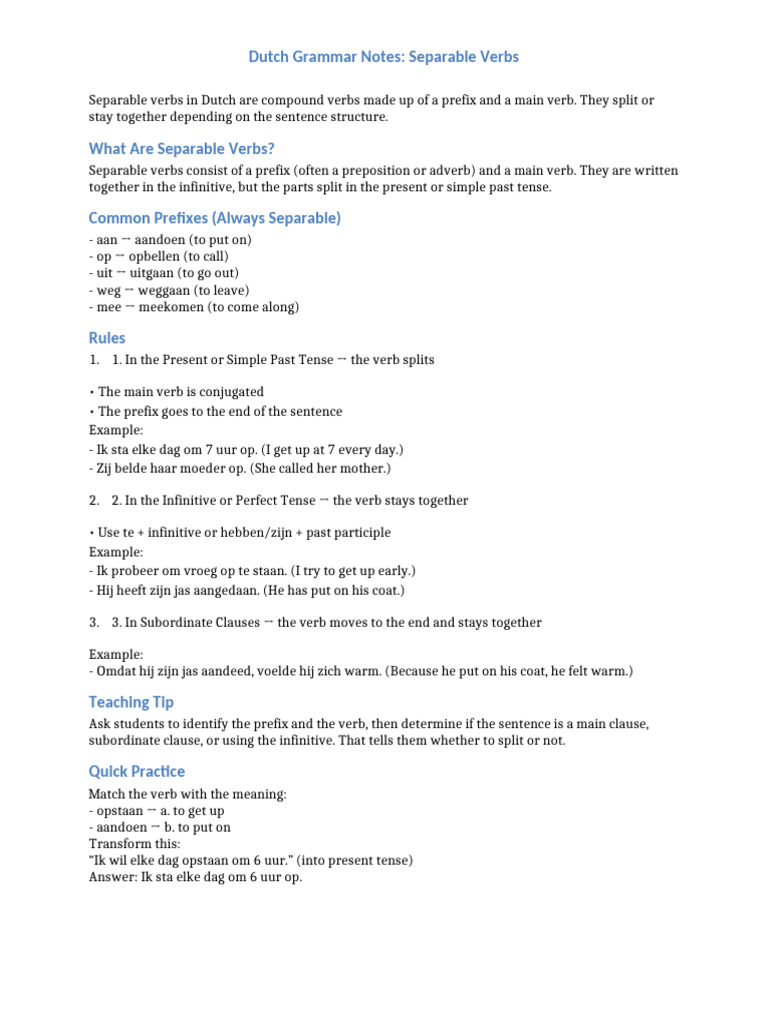 Dutch Separable Verbs Explained | PDF