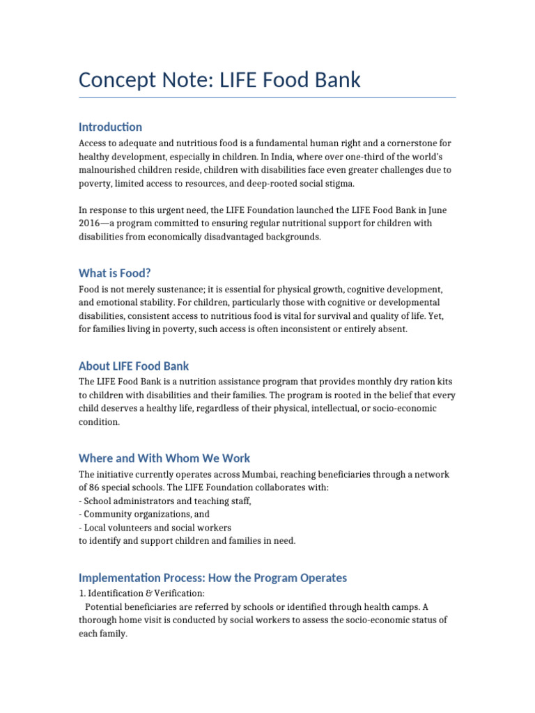 LIFE Food Bank Concept Note | PDF | Disability | Poverty
