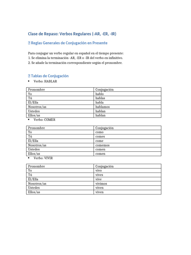 Conjugación de Verbos Regulares en Español | PDF | Verbo | Conjugación ...