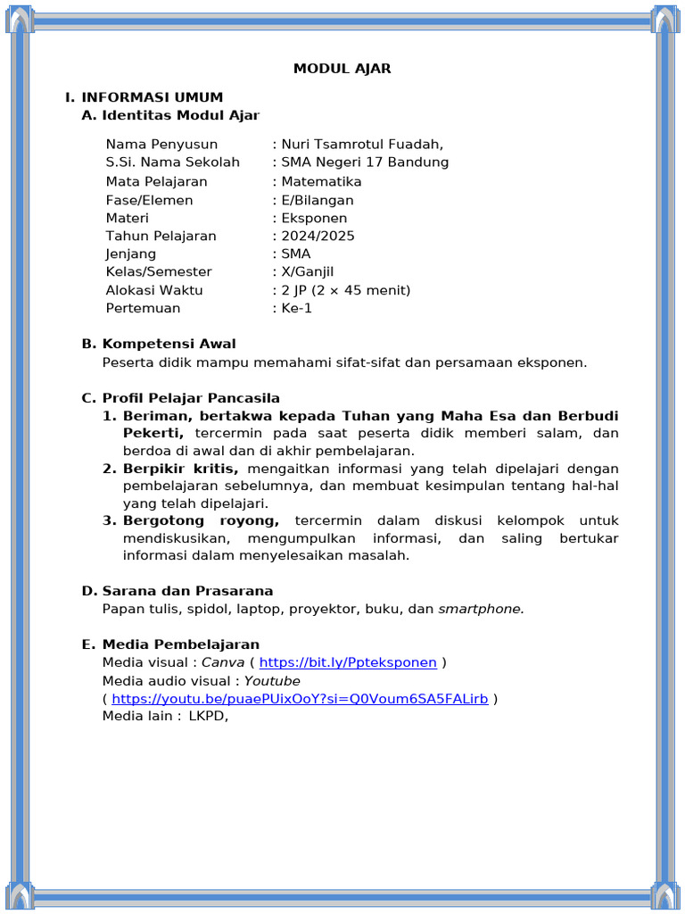 Modul Ajar Eksponen Kelas X | PDF