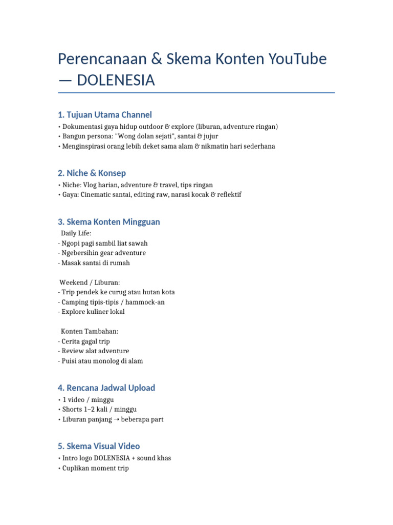 Skema Konten YouTube DOLENESIA Outdoor | PDF