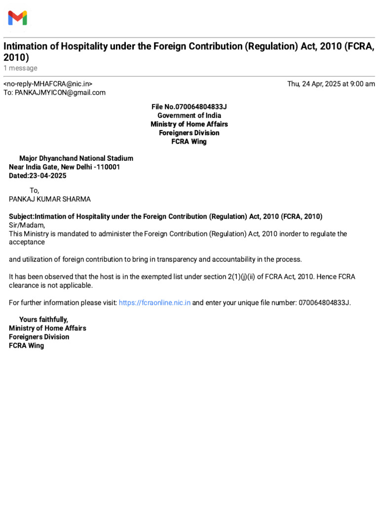 FCRA Hospitality Intimation Notice | PDF