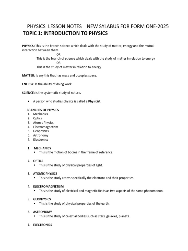 Physics Lesson Notes Form 1-Mr Japhet | PDF | Physics | Natural Sciences