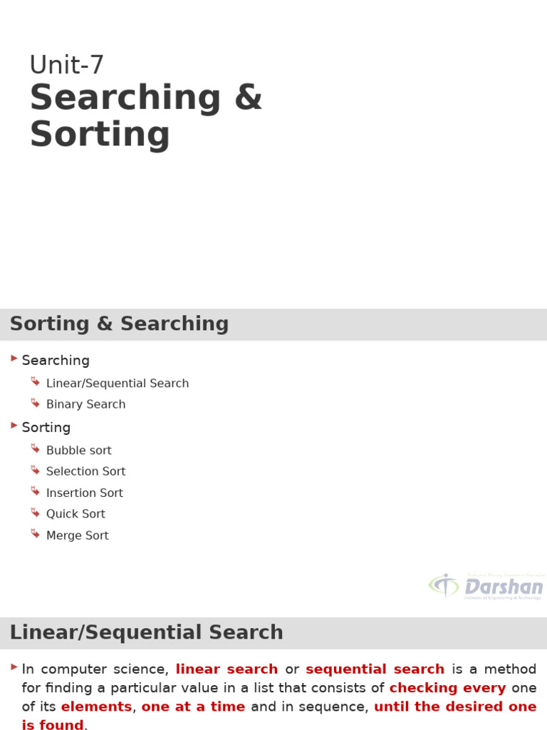 Unit-7 Searching Sorting | PDF | Computer Programming | Algorithms And Data Structures