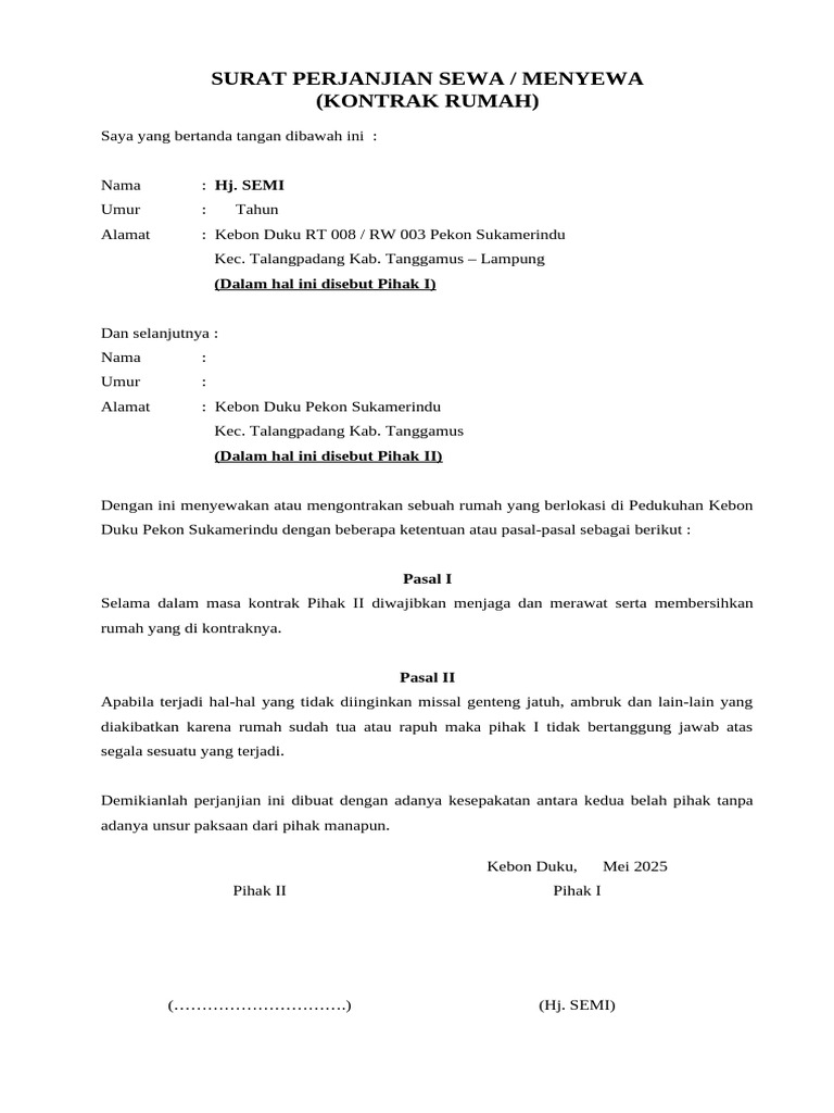 Surat Perjanjian Sewa Kontrak Rumah Pdf