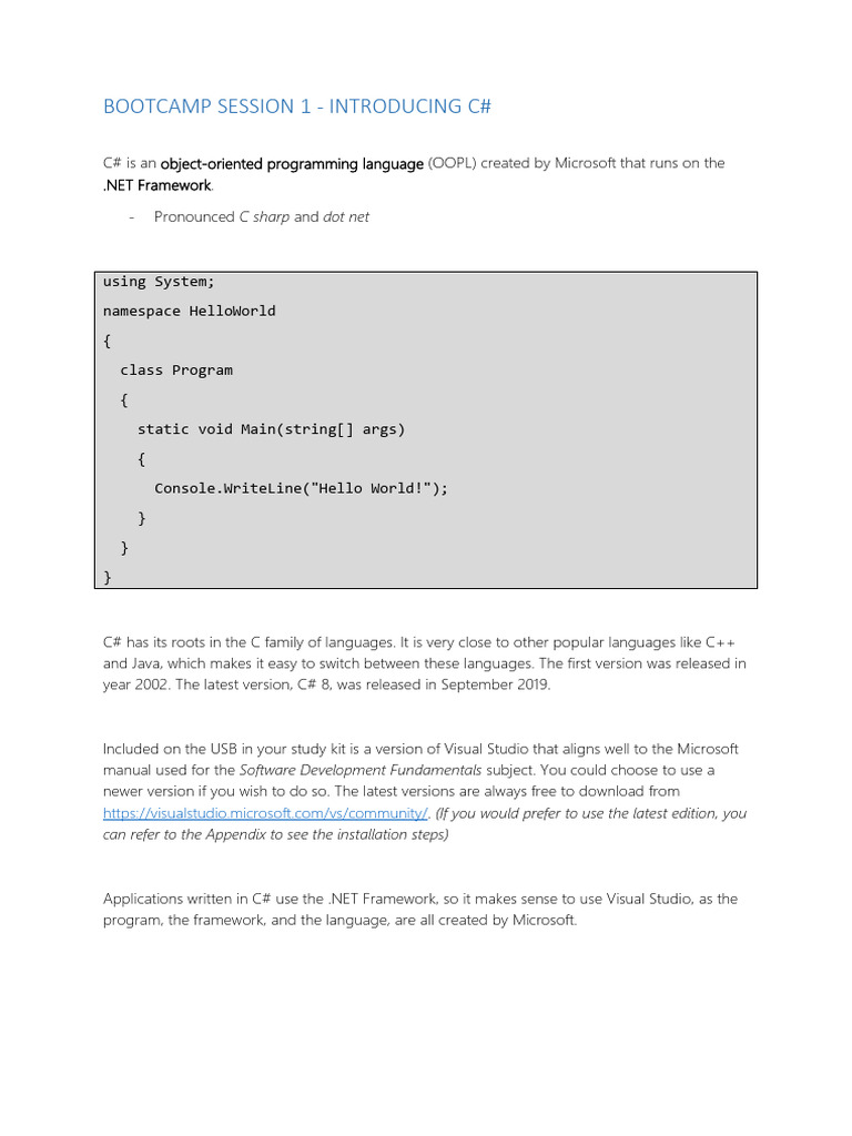 Download_ Session 1 - Intro to Visual Studio and C# | PDF | C Sharp (Programming Language ...