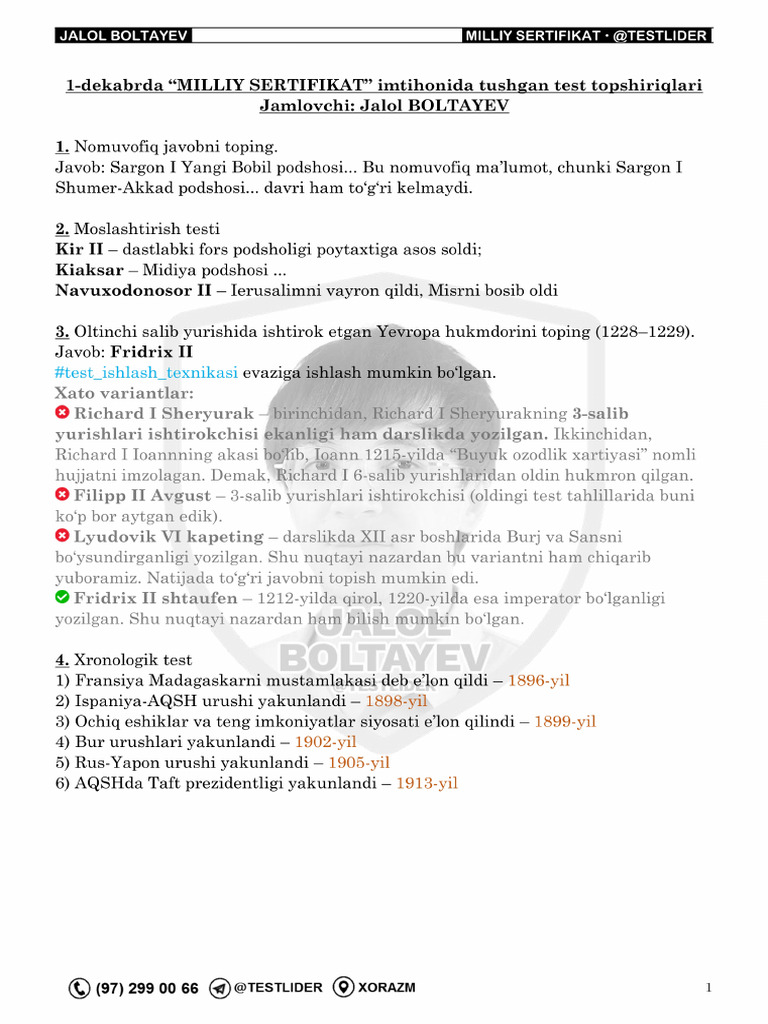 1-Dekabr Testlari (2-Variant. Jalol BOLTAYEV) | PDF
