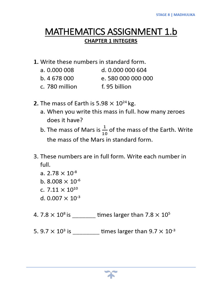 Mathematics Assignment on Integers | PDF