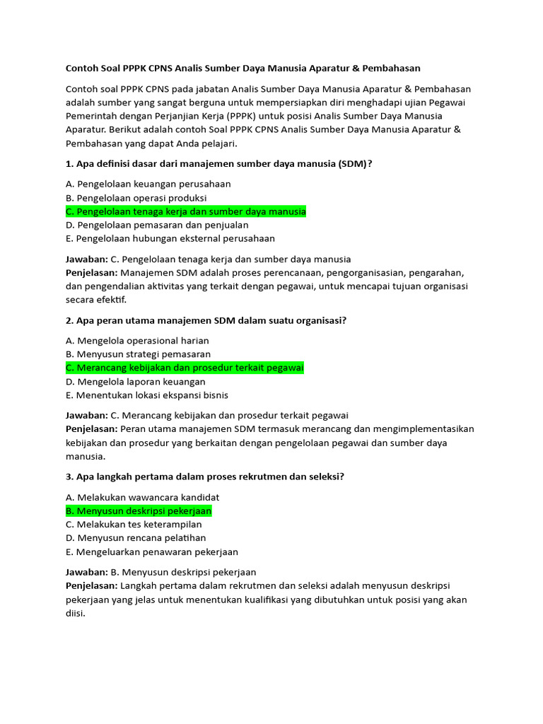 Contoh Soal PPPK Analis SDM dan Pembahasan | PDF