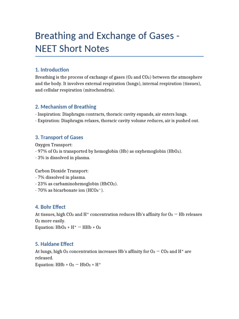 Breathing Short Notes Neet Pdf