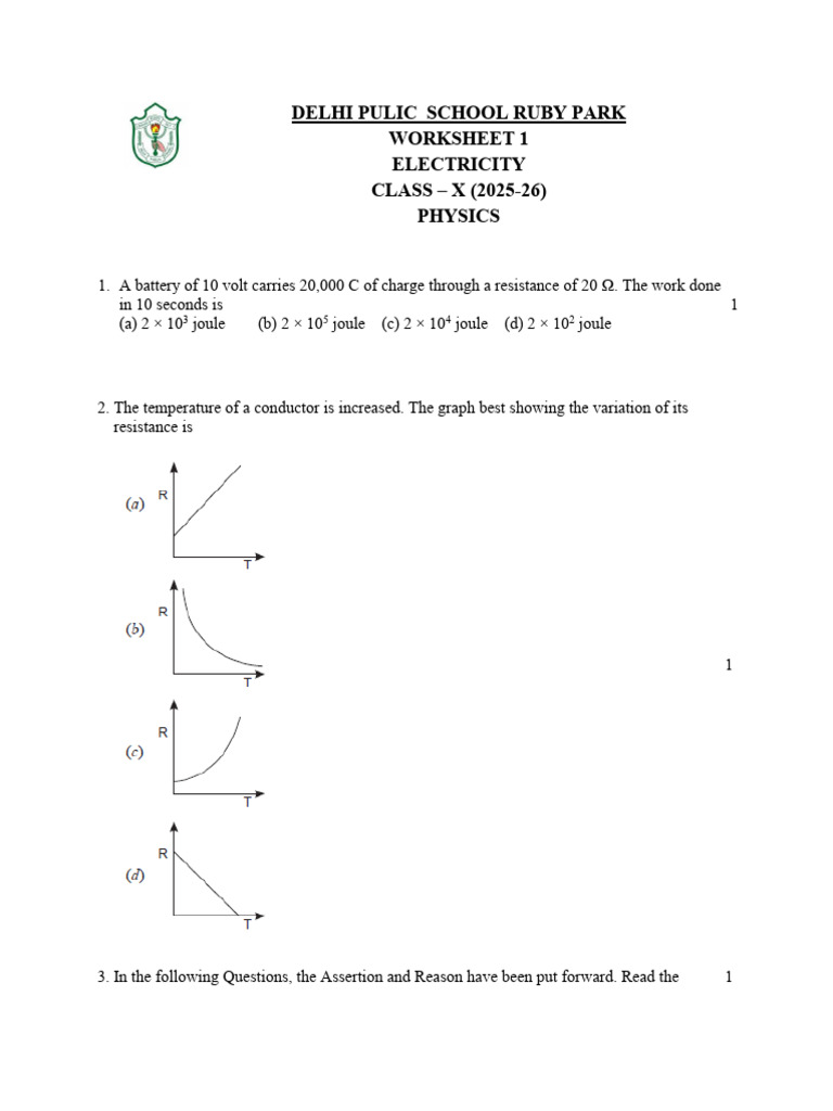 Class 10 Electricity Worksheet 2025-26 | PDF | Electrical Conductor ...