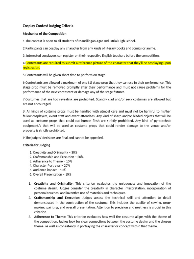 Cosplay Contest Judging Criteria | PDF | Cosplay