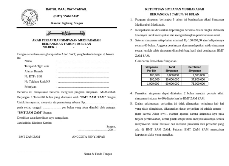 Simpanan Mudharabah 5 Tahun BMT Zam Zam | PDF