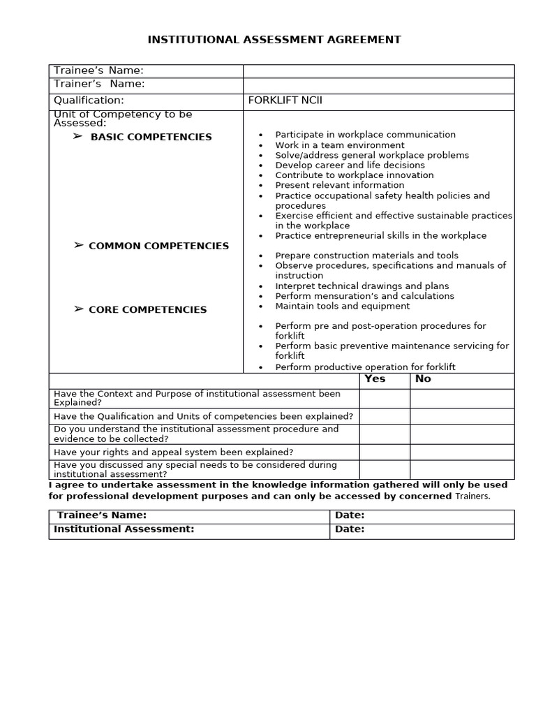 Institutional Assessment Agreement - Forklift | PDF | Information