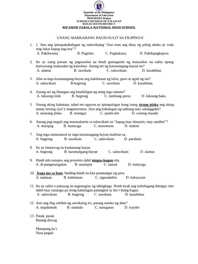 Unang Markahang Pagsusulit Sa Filipino 8 | PDF