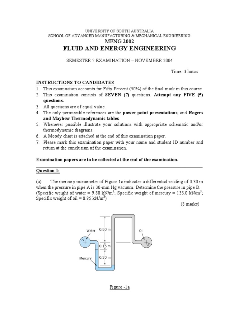 Fluid and Energy Engineering Exam: Questions Covering Fluid Mechanics ...