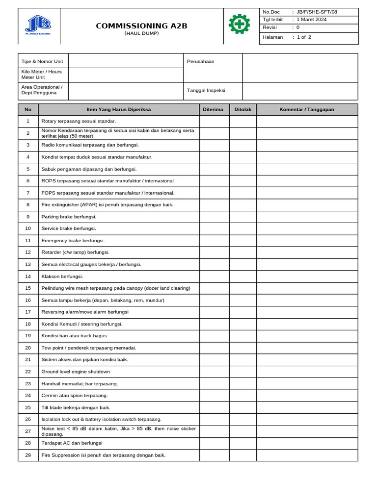 Form Commisioning A2b Haul Dump | PDF