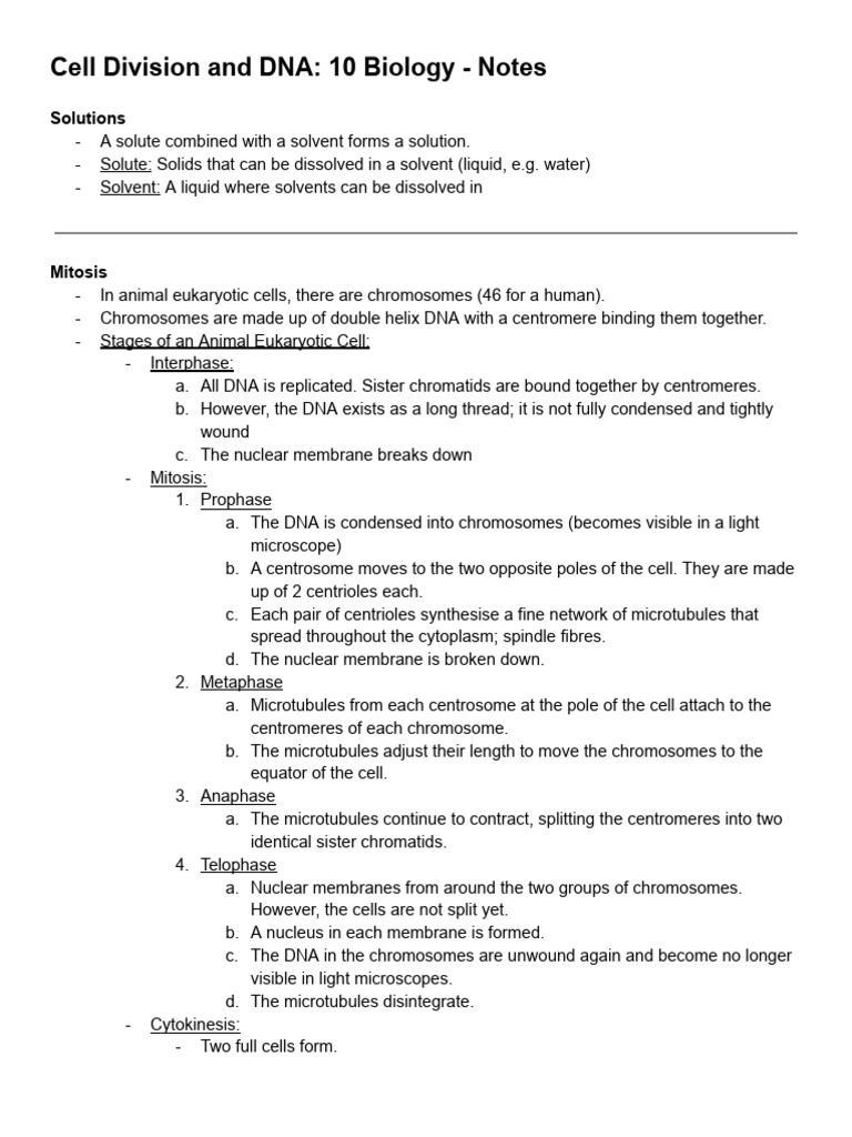 Cell Division and DNA - 10 Biology - Notes | PDF | Cell (Biology ...