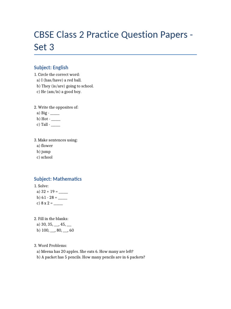 CBSE Class 2 Practice Question Papers Set 3 (1) | PDF