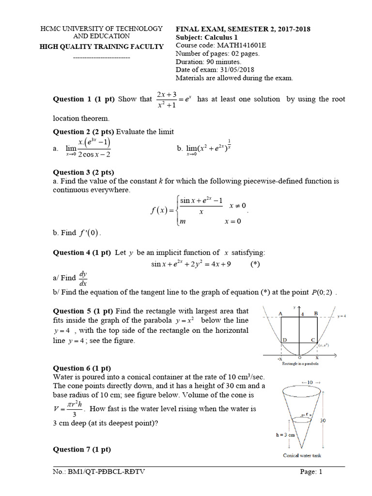 Calculus Final Test 2017 - 2018 Semester 2 | PDF | Differential ...