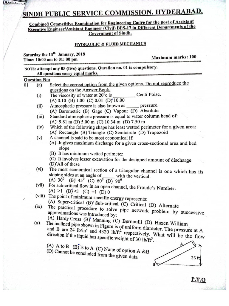 (SPSC Past Paper) Hydraulic and Fluid Mechanics | PDF