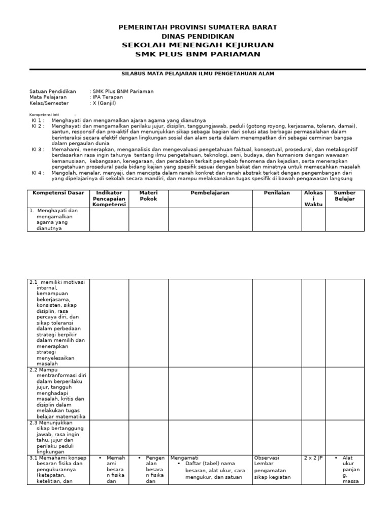 Silabus Ipa Terapan Kelas X Semester 1 Dan 2 | PDF