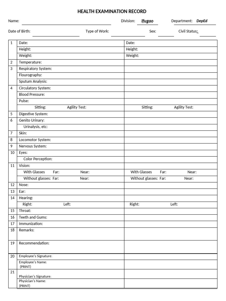 DepEd Health Examination Record Form | PDF