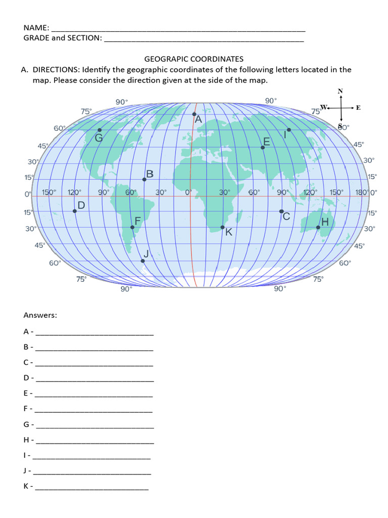 Geographic Coordinates Identification Worksheet | PDF
