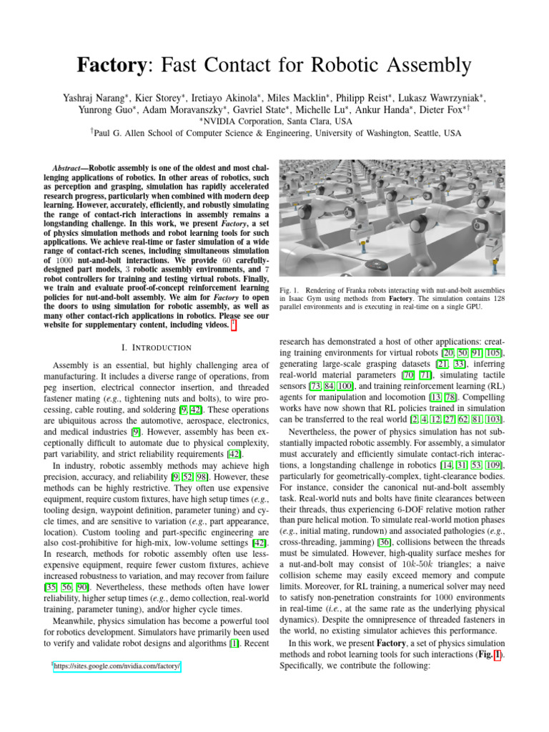 Factory:: Fast Contact For Robotic Assembly | PDF | Simulation ...