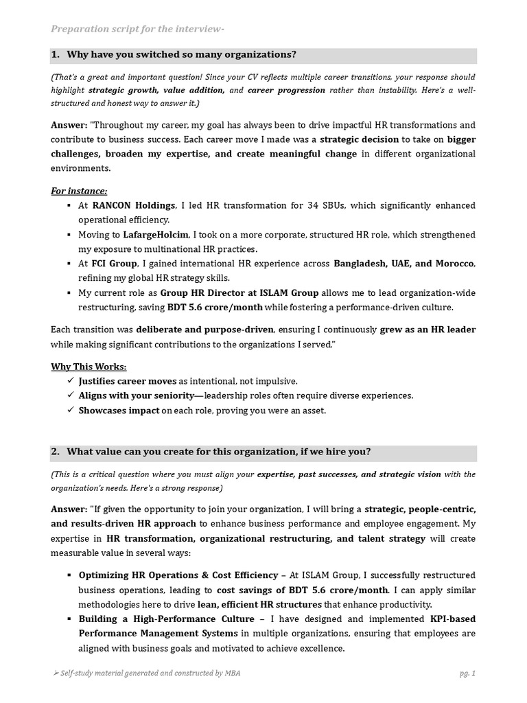 Preparation Script For The Interview - CHRO, HR Head, DIR-HR | PDF ...