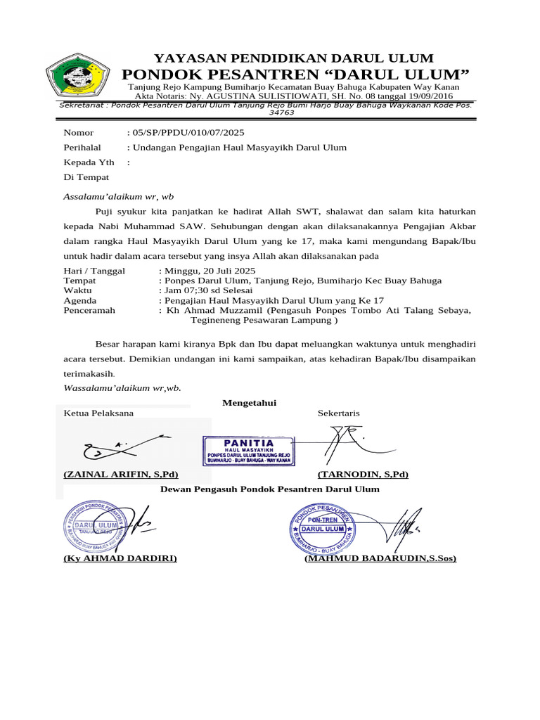Undangan Haul Masyayikh Darul Ulum 2025 | PDF