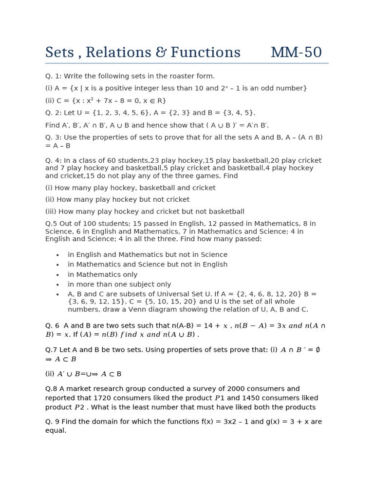 Worksheet On Sets & Relations & Functions | PDF | Numbers | Arithmetic