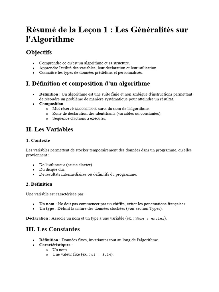 Introduction aux Algorithmes et Variables | PDF | Nombre | Algorithmes