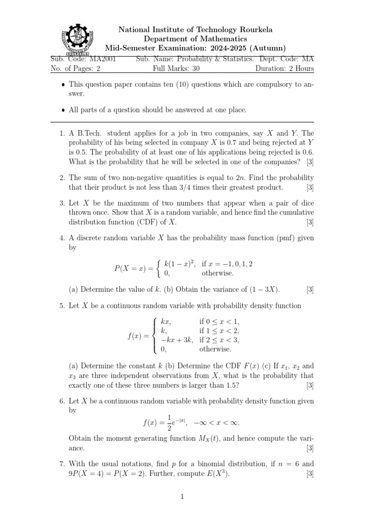 MA2001 | PDF | Probability Distribution | Random Variable